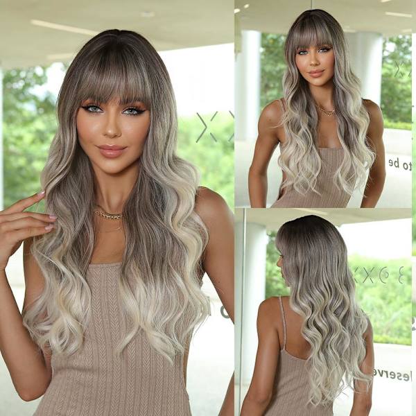 Kvinnoperuk Långa naturliga vågiga peruker med lugg | Fyndiq