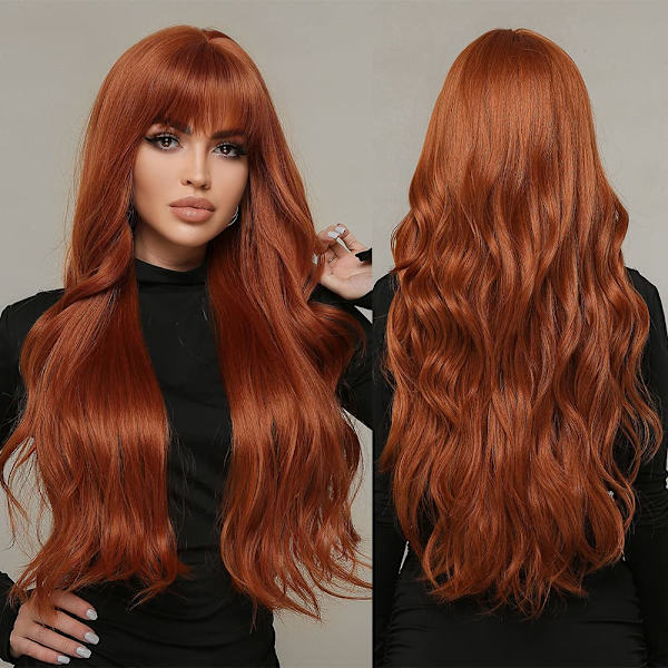 Auburn Peruk med Lugg Lång Vågigt Ingefära Peruker för Kvinnor Naturlig ...