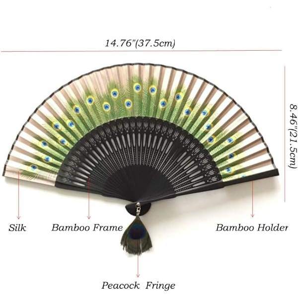 Svart påfågels silkesbambu hopfällbar fläkt, inklusive en silkespåse ...