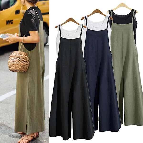 Casual Lös Jumpsuit Kvinnor Sommar Solid Bomull Linne Remmar Breda Ben ...
