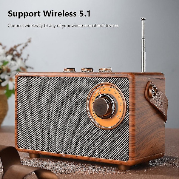 Retro FM-radio, kannettava puinen Bluetooth-radio, bassokaiutin ...