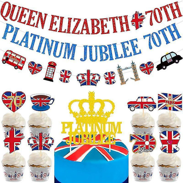 Union Jack tårtdekorationer 12 st Queen's 70th Platinums Jubilee Queen ...