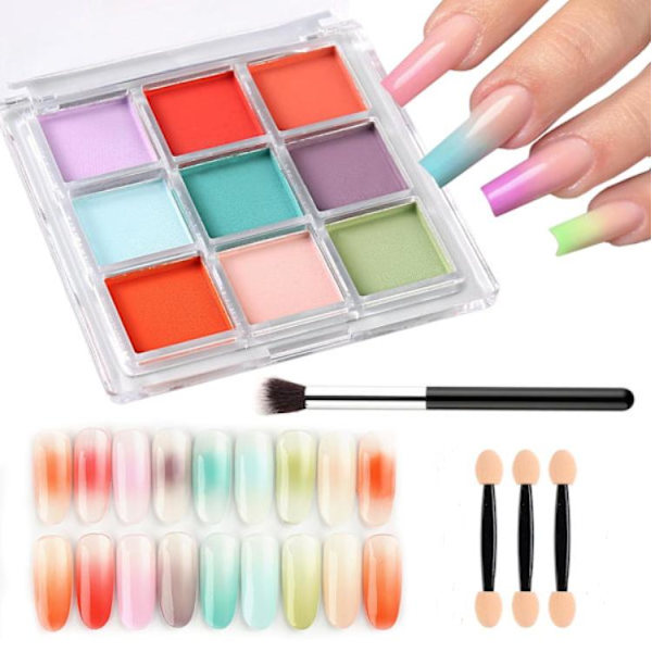 9 Färger Nagelpigment Palett Gradient Ombre Nagelpulver Set för DIY ...