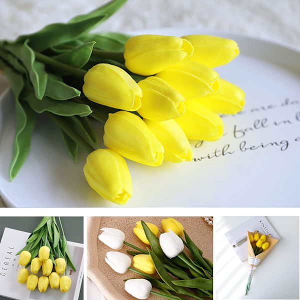12 st gula konstgjorda tulpaner, latex konstgjorda blommor, konstgjorda blomsterbukett, falska ...