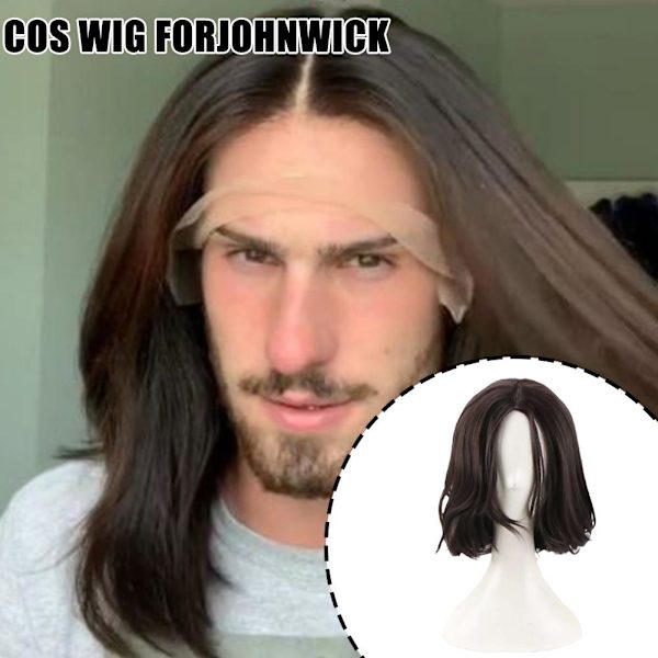 Naturlig paryk til John Wick Cosplay paryk Sort kort bølget hår paryk ...