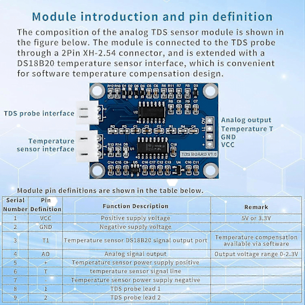 Tds-vedenlaadun tunnistusanturimoduuli - Xh2.54-3pin Liuenneiden kiintoaineiden moduuli - Sopii ...