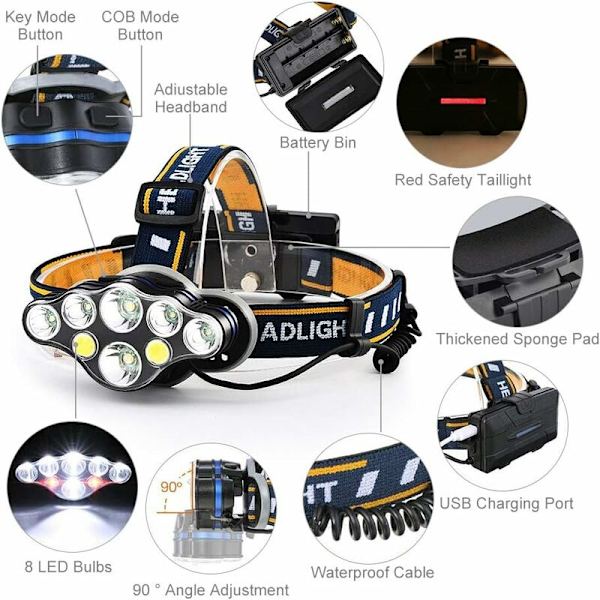 Bright 18000 Lumens 8 LED 8 Modes USB-forlygte med rødt indikatorlys ...