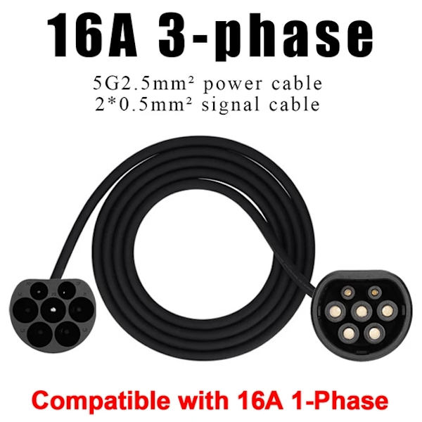 Laddningskabel för elbil, 3m 16A/32A, IP65-vattentät, 1-fas/3-fas,3 meter 16A 3-fas 3m 16A 3 ...