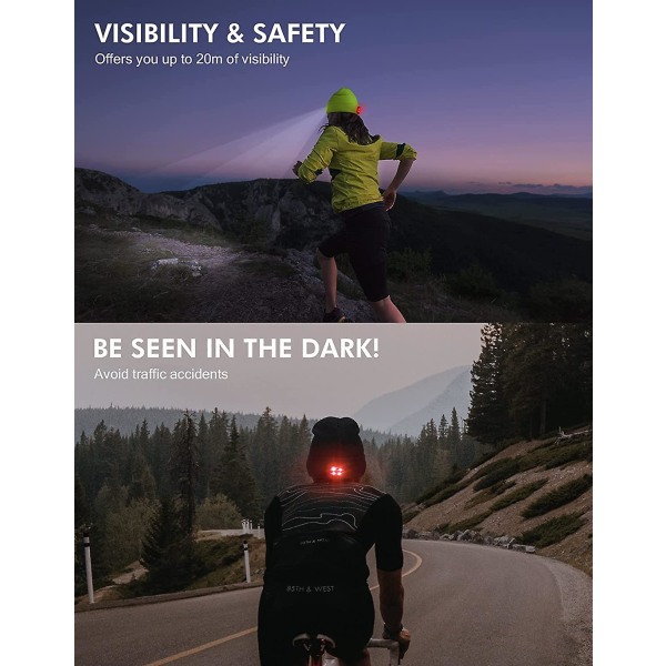 Pipohattu, jossa LED-valo edessä ja takana, USB-ladattava otsalamppu ...