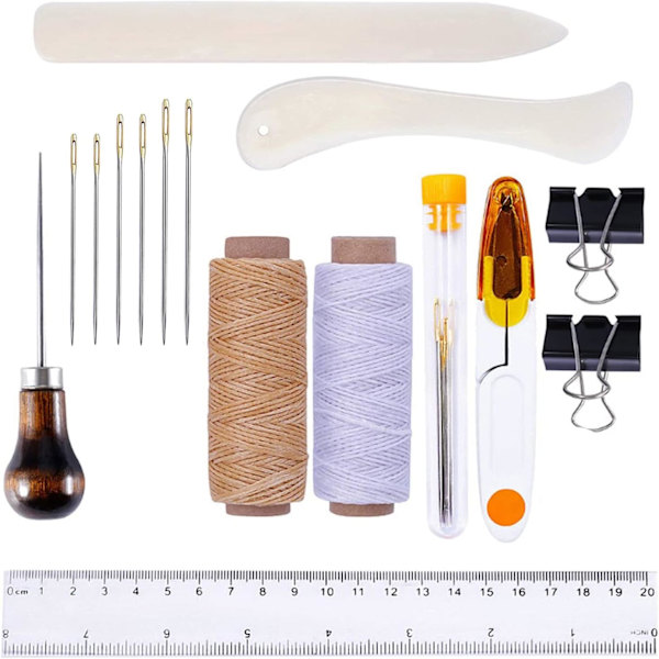 Sats med 16 verktyg för bokbindning - benmapp, pappersvikare, vaxad tråd, syl, nålar med stort ...