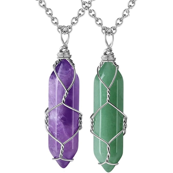 2 st halsband med kvartshänge, kristallhexagonhänge, lila och grönt ...