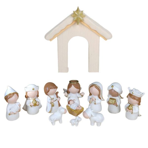 Julkrubba Figurer Julkrubba Scen Staty med Stall Heliga Familjen White ...