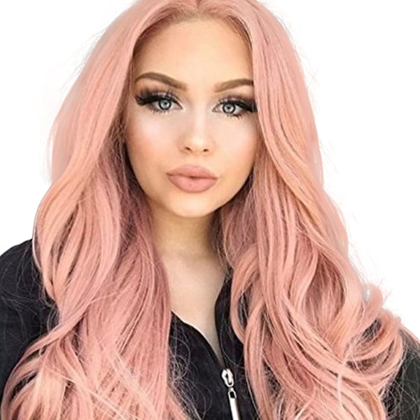 Långt Rosa Peruk för Kvinnor Lockigt Vågig Full Peruk Mittbena Peruker ...