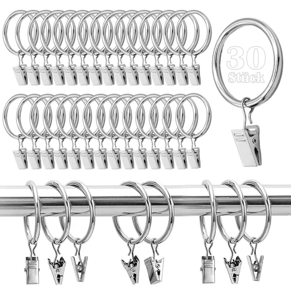 30-pak metalgardinringe med klemmer, gardinringe med klemmer, gardin ...