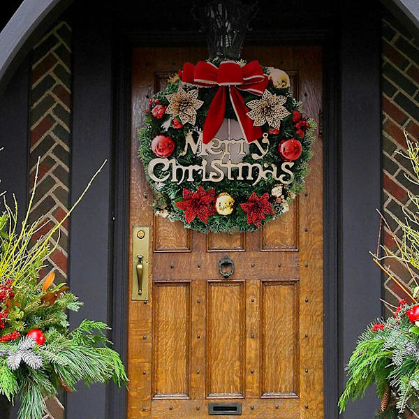 Konstgjord julkrans för ytterdörr, 30 cm julkrans med röd rosett, röd och guld julboll, fyra ...