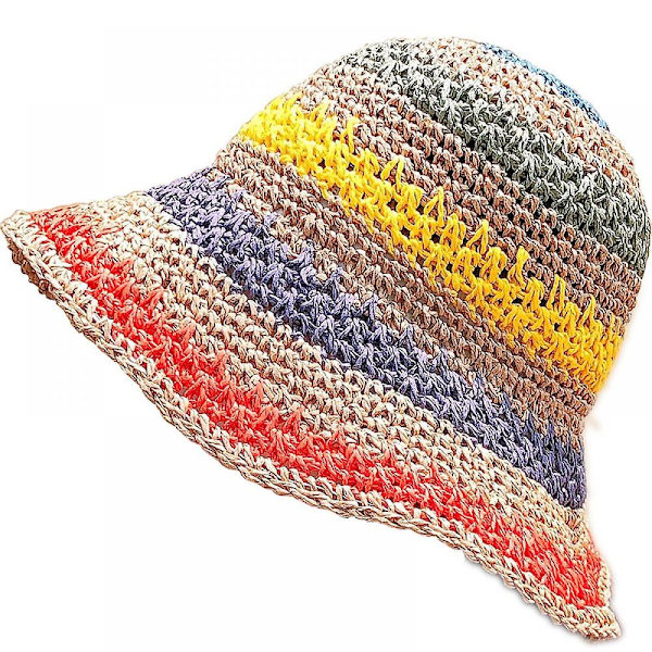 Hatt, hopfällbar bredbrättad färgglad virkad stråhatt, solhatt ...