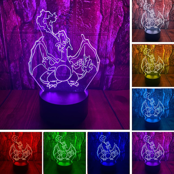 Cartoon Charizard Anime Figur 3D LED Optisk Illusion Bedro | Fyndiq