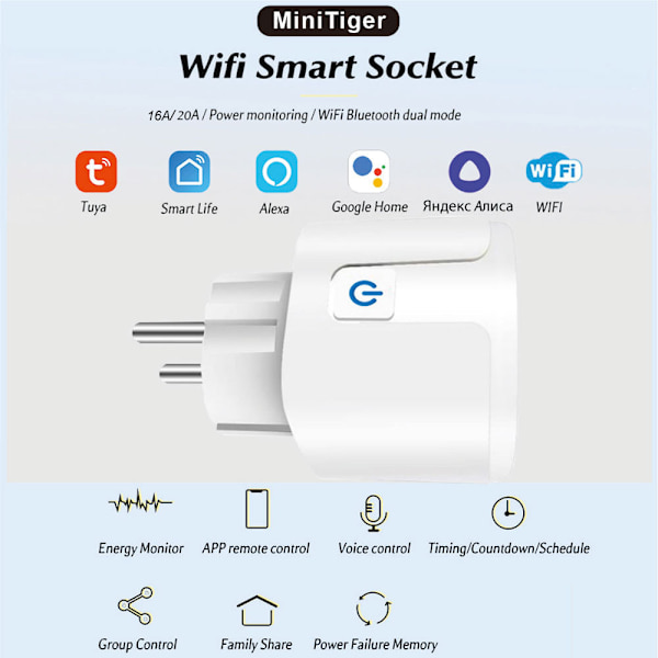 WiFi smart socket 20A med effektmätning och mobilapp fjärrkontroll | Fyndiq