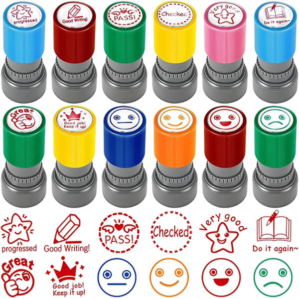 12 Stykker Stempel Lærer Selvfargende, Fargerike Tegneserie Ros Segl ...