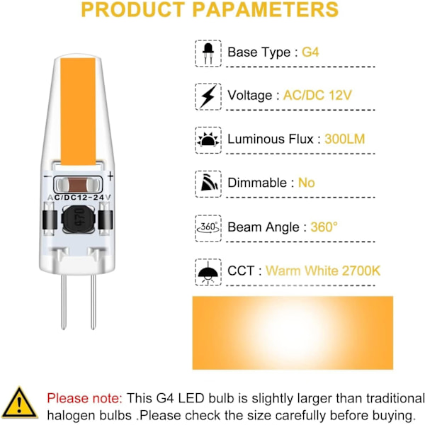 G4 LED 3W 12V AC/DC lyspærer, G4 3W LED 30W tilsvarende halogenpære, 300LM, varm hvit 2700K ...