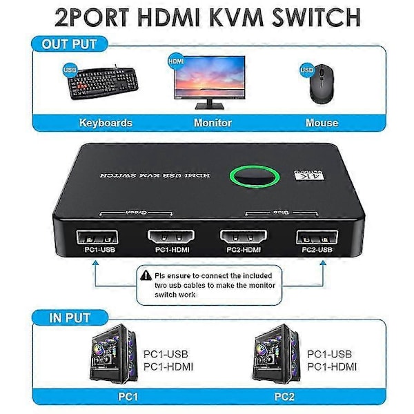 KVM-switch 2-porter Boks USB og HDMI-kompatibel switch for 2 ...