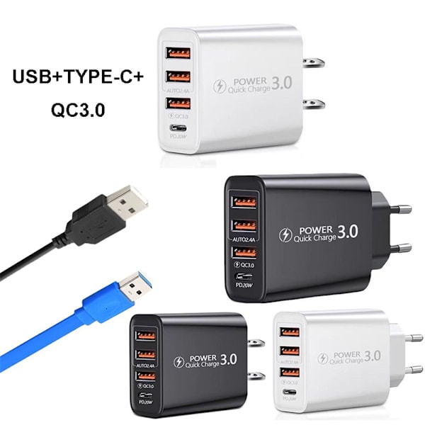 Hurtig Opladning Multi-Port USB+TYPE-C+QC3.0 Oplader sort | Fyndiq