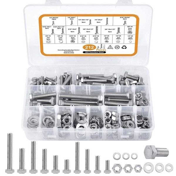 212 STK Hex Bolts Sortiment Kit Bolte & Nuts Kit Møtrikker og bolte ...