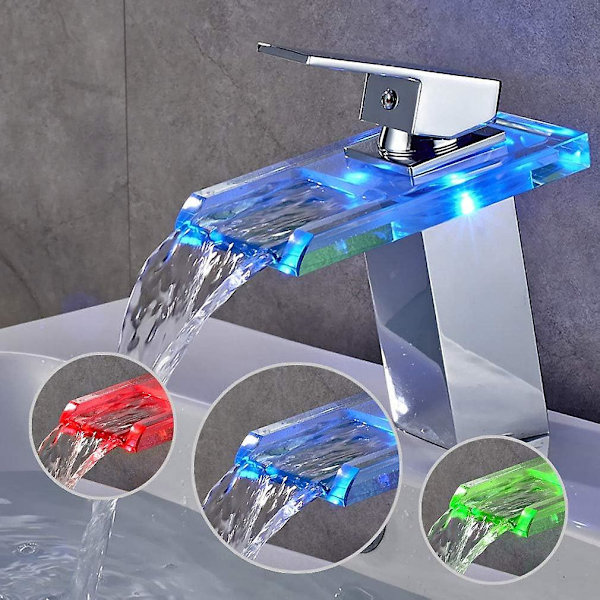 Håndvaskhane med RGB LED vandfald badeværelsesarmatur med 3 ...