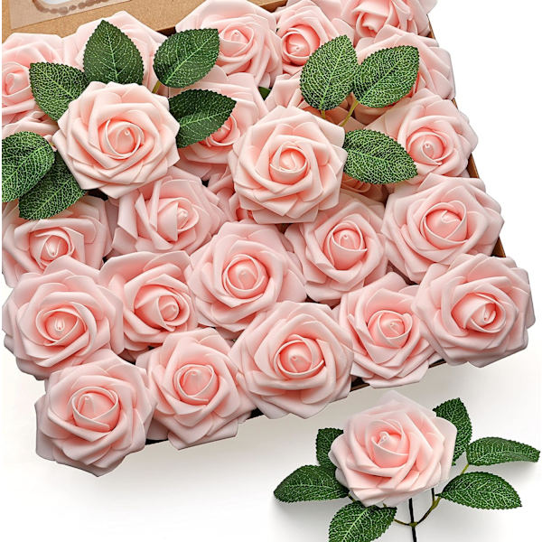 25st konstgjorda rosblommor, rodna rosa rosor Real Touch Skum Fake Rose Bulk med stjälk för ...