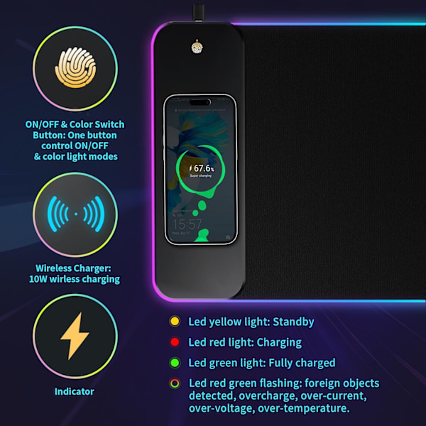 Gaming Musmatta med LED-ljus - RGB - with 15W Wireless Charging,Desk ...