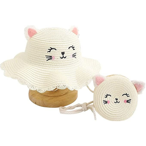 Katt halmhatt väska set för barn och flickor (vit), söt blomma solskydd ...