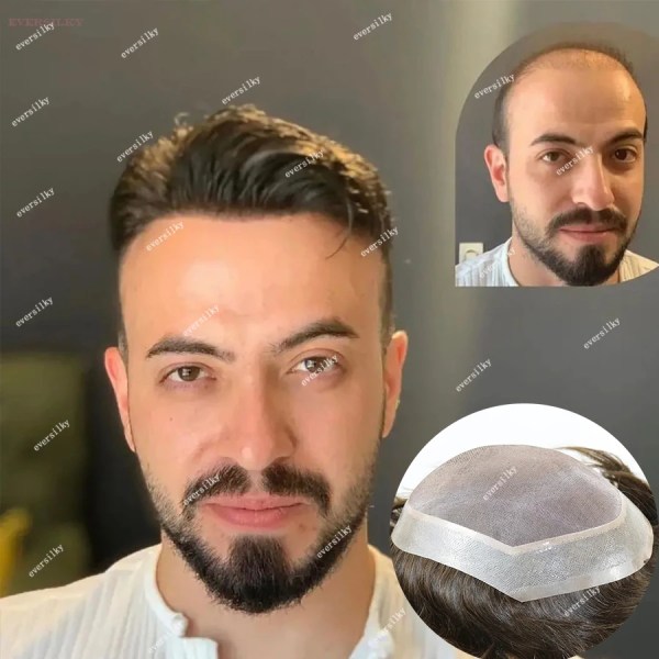 Blond Svart Super Slitstark Mono Spets & PU Runt Andas Toupee Herr ...