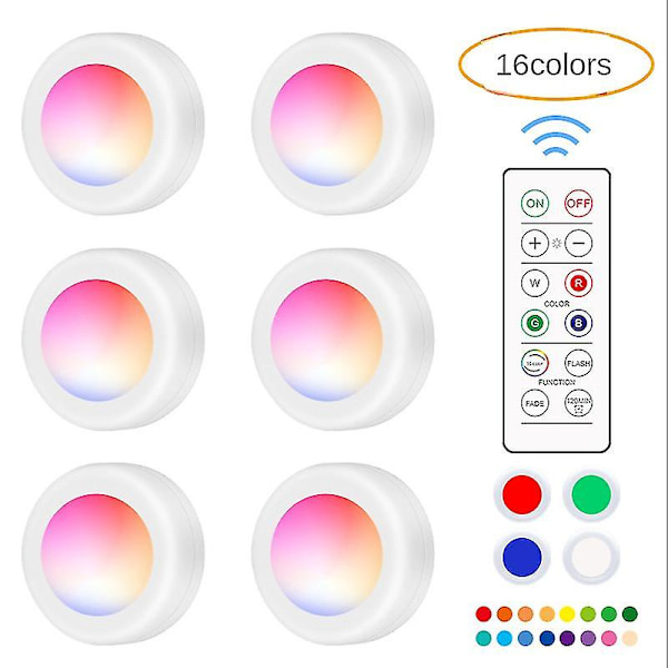 6 LED-spotlights med 2 fjernbetjeninger Led16 Farve Skab Lysmisfarvning ...