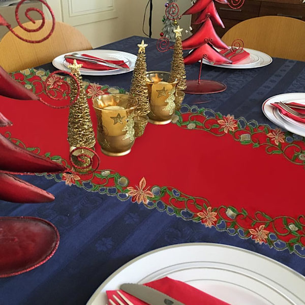 Kirjailtu joulupöytätabletti punainen, joulupukki kestävä kukka lehti ...