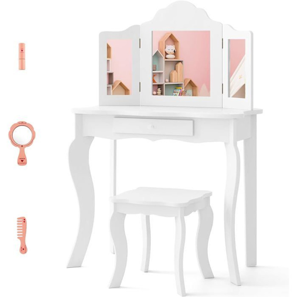 COSTWAY Pink børne-sminkebord med skammel, Makeup-bord med tre-panels ...