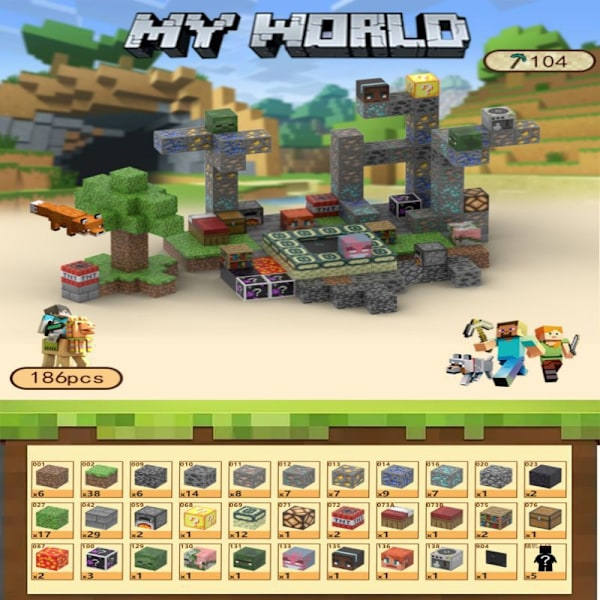 Minecraft byggklossar, inklusive 186 sexsidiga magnetiska leksaker med 5 figurer, Mine Park Mine ...