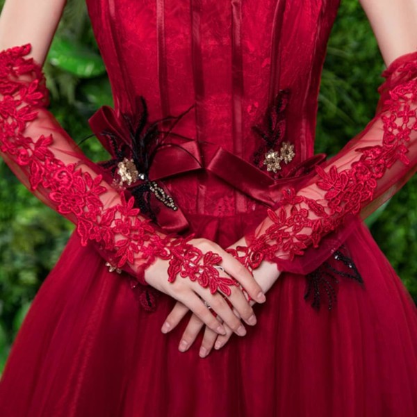 Hääkäsineet, pari pitkiä burgundinpunaiset hääkäsineet naisille ...