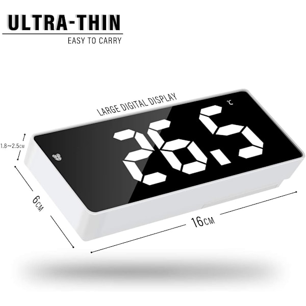 Vit digital väckarklocka, 6,7" LED-spegel digital klocka vid sängkanten ...