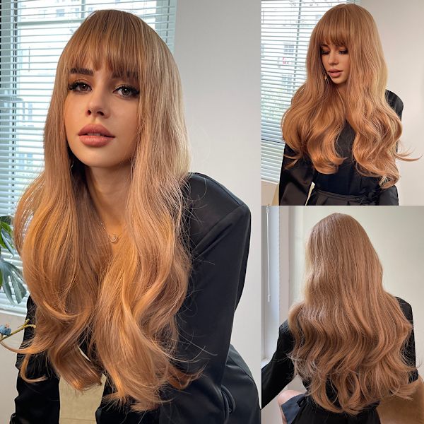 26 tums Strawberry Blonde Long Wavy Peruk med lugg för kvinnor Syn e8e3 ...