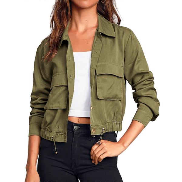 Enkelknäppt, långärmad, tunn jacka med dragsko för dam Army Green XL ...