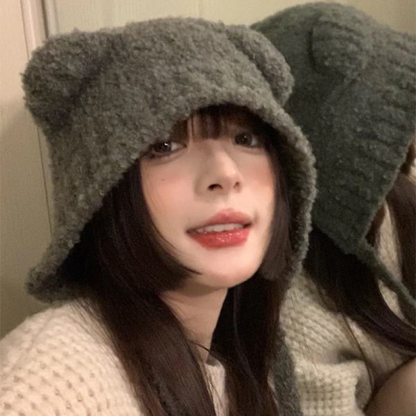 Cute Bear Ear Wool Hat Korea Winter Beanies Balaclava Hats Hooded Caps ...