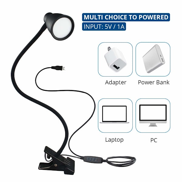 14 LED clips skrivebordslampe, 3 farver, 5 justerbar lysstyrke, USB ...
