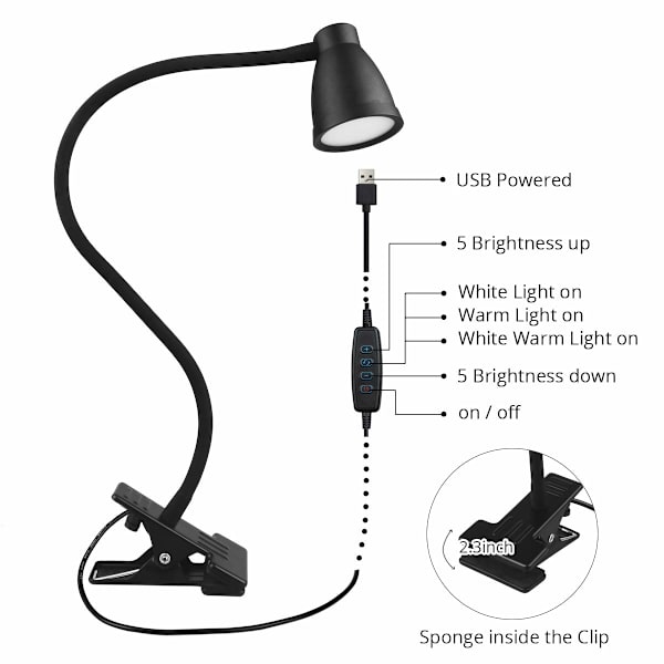 14 LED clips skrivebordslampe, 3 farver, 5 justerbar lysstyrke, USB ...