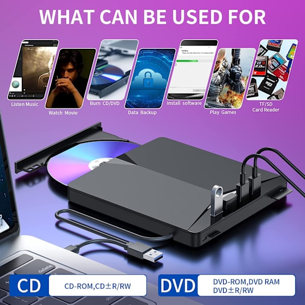 USB extern CD DVD-enhet för bärbar dator, USB 3.0 DVD-spelare Bärbar CD ...