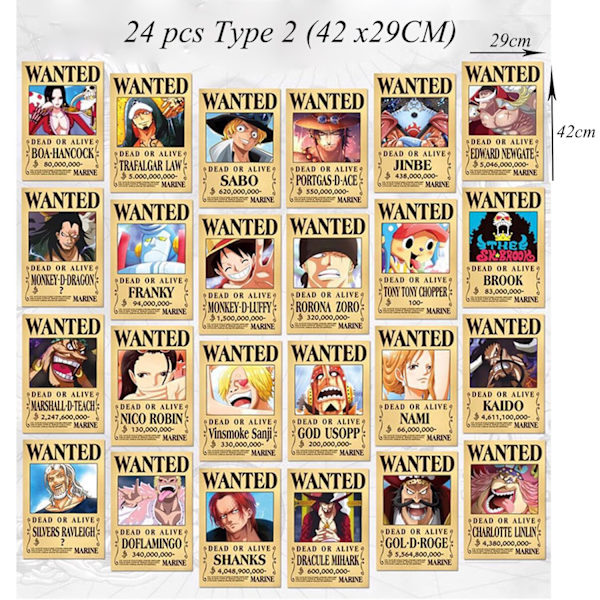 24 stk Anime-plakater One Piece Type 2 (42x29CM) | Type 2 (42x29CM ...