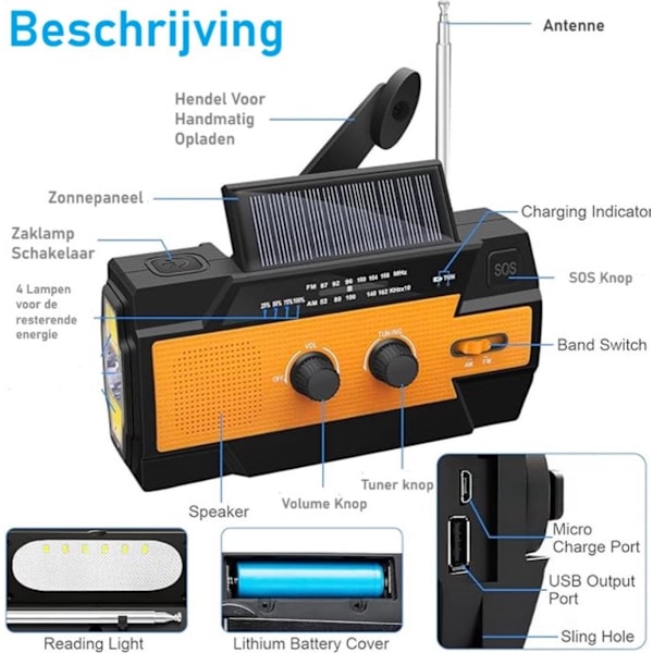 Nödradio med solceller och handvev, 4000mAh powerbank, AM FM NOAA väder ...