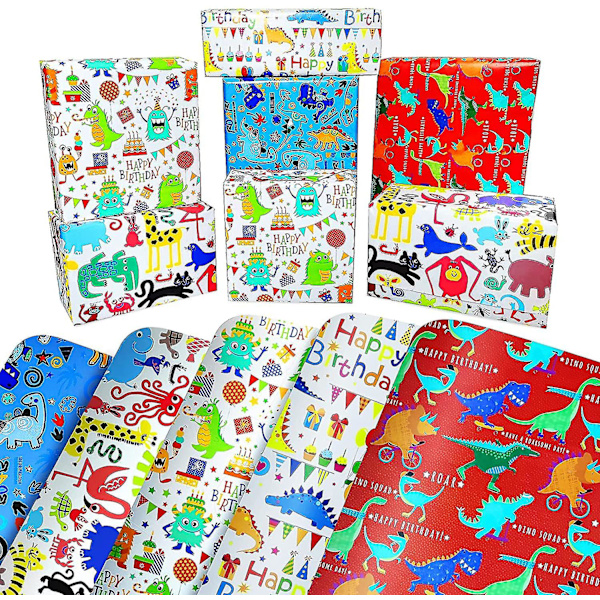 Lasten syntymäpäivän käärepaperiarkkeja - 10 kpl söpöjä eläindinosaurusten käärepaperia | Fyndiq