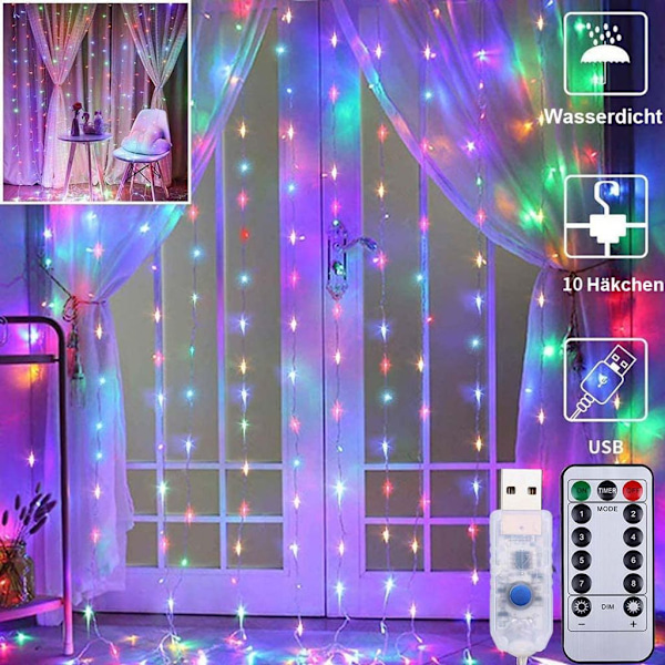 3X3M 300 LED Valoverho 8 Valotilaa Sisä- ja ulkokäyttöön Joulu Koriste ...