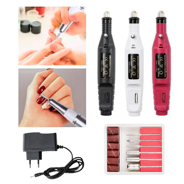 Elektrisk Nagelfil – Vit – Elfil med 6 Sliphuvuden för Manikyr ...