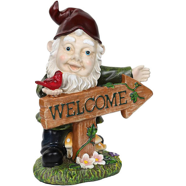 Trädgårdstomtar utomhus med fågel, välkomstskylt tomtar ...